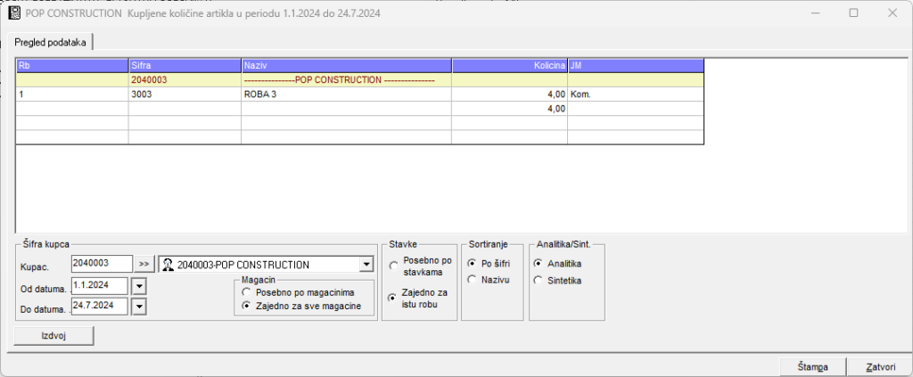 Promet robe i izveštaji - SOFTEK